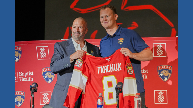 Brady Tkachuk introduced by Florida Panthers, discusses the trade to ...