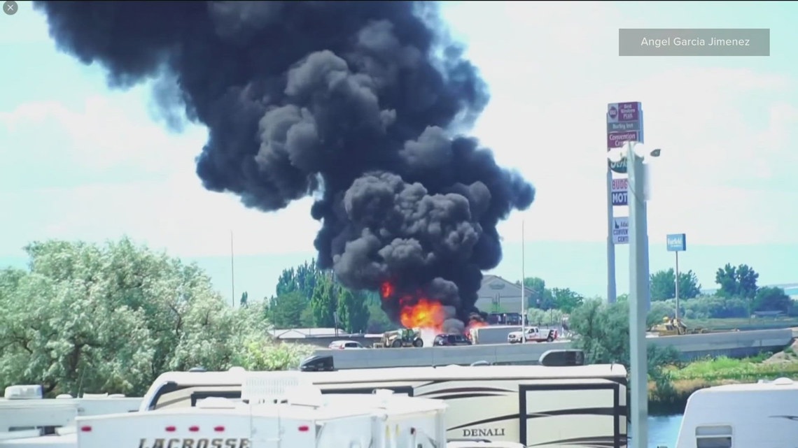 Semi-truck overturns, catches fire on I-84 in Minidoka County | ktvb.com