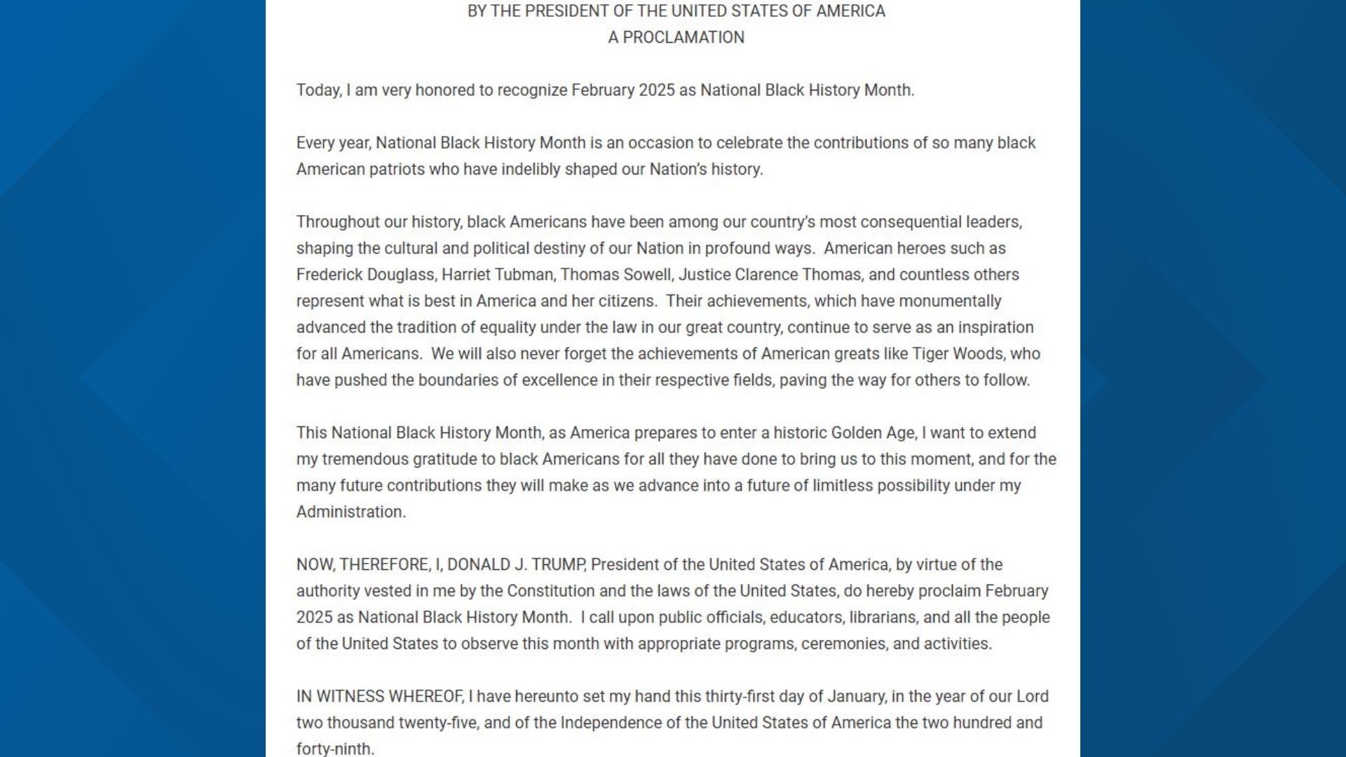 Trump issues Black History Month proclamation starkly different from ...