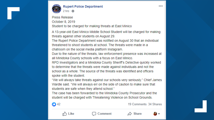 Rupert student charged with making threats to shoot classmates at East ...