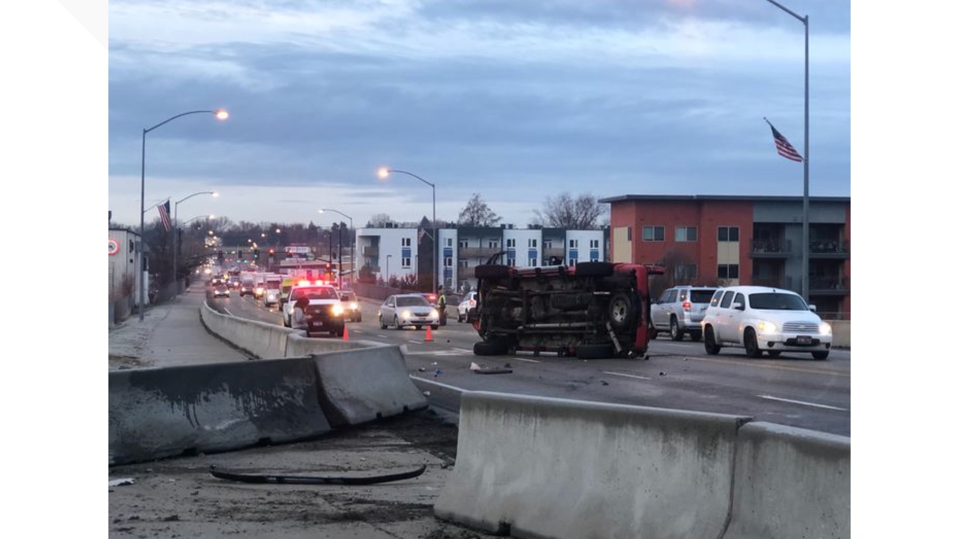 Rollover crash blocks lanes of Veterans Memorial Parkway near the Boise River | ktvb.com