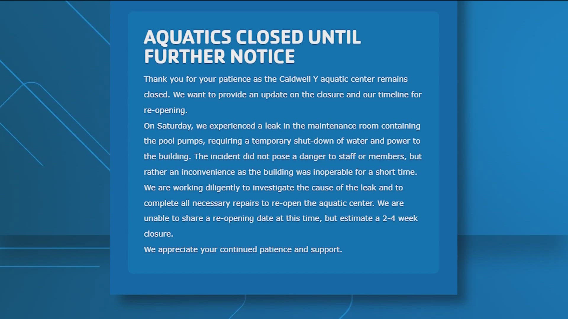 Caldwell YMCA aquatic center closed due to maintenance issue | ktvb.com