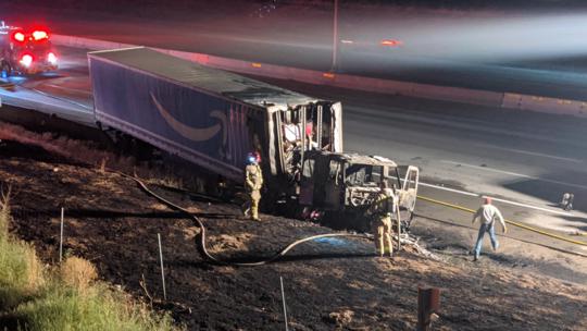 Amazon truck bursts into flames, shuts down I-84 | ktvb.com